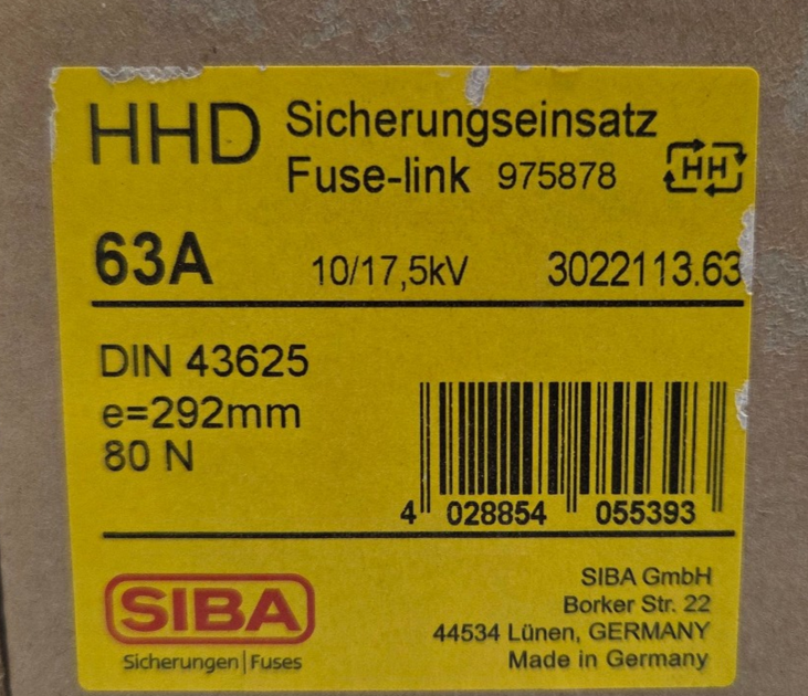 New SIBA HV Back-Up Fuse 3022113.63, DIN 43625, e=292mm, 80 N, 63A, 10 ...