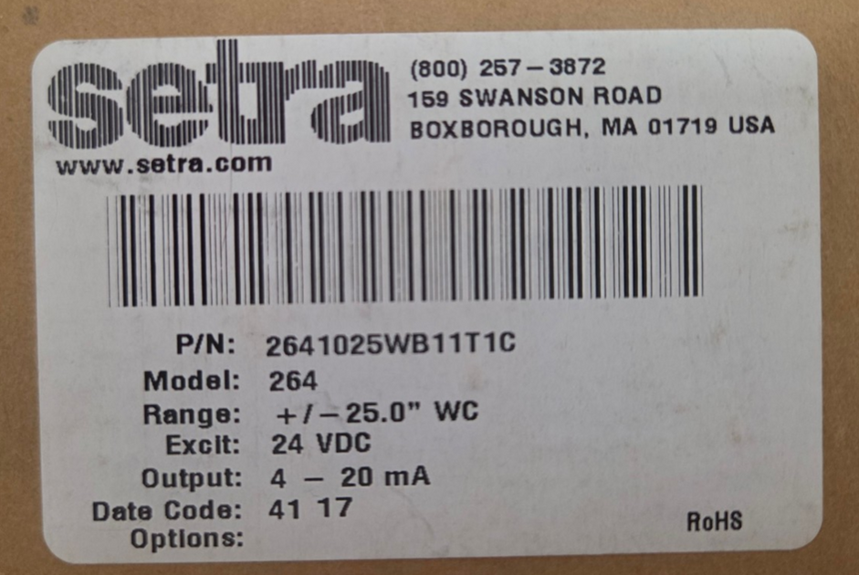 SETRA 264 Differential Pressure Transducer 24VDC 4-20mA 2641025WB11T1C ...