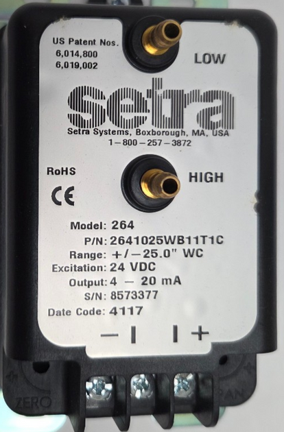 SETRA 264 Differential Pressure Transducer 24VDC 4-20mA 2641025WB11T1C ...