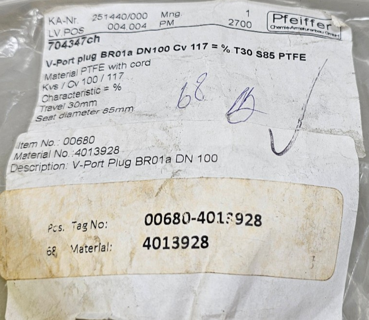 New Samson Pfeiffer PTFE V-Port Plug BR01a DN100 CV 117 T30 S85 704347 ...