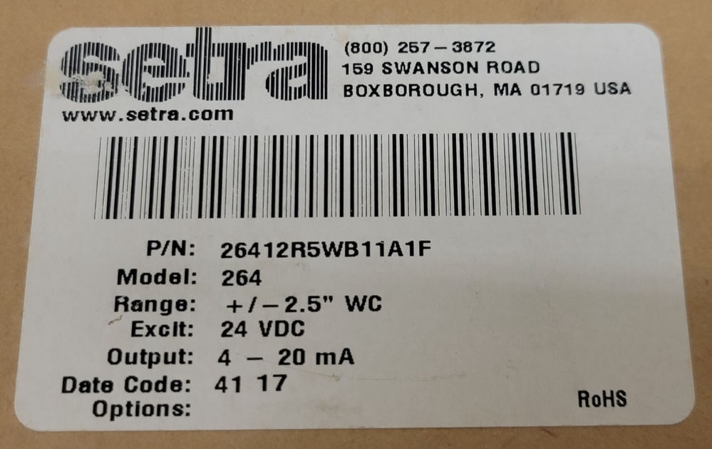 Setra 264 Series Pressure Transducer 24VDC, 4-20mA, P/N 26412R5WB11A1F ...