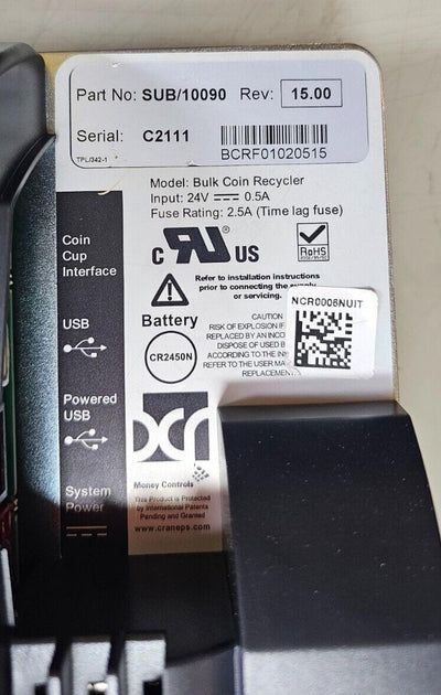New Money Controls Cranepi BCR206 Bulk Coin Recycler Assembly SUB/1009 ...