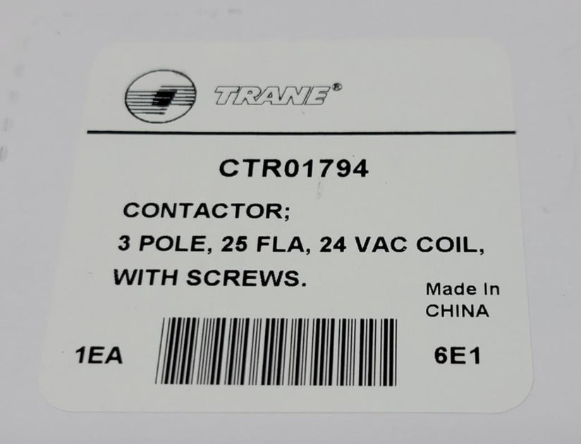 Trane / Homer Contactor CTR01794 3 pole, 25 FLA, 24 VAC coil ...