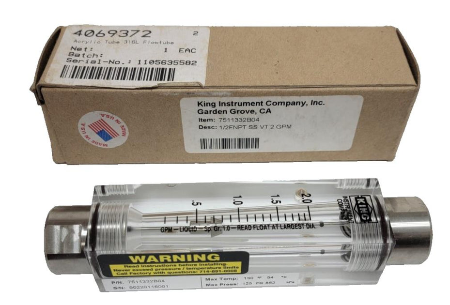 King Instrument 7511332B04 1/2FNPT SS VT 2 GPM Variable-Area Flow Mete ...